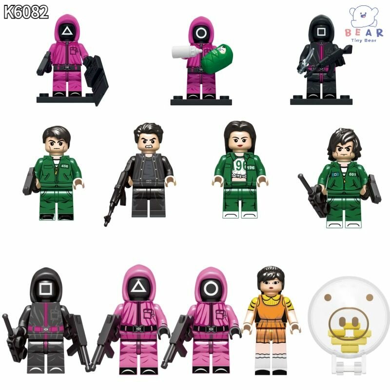 Модель минифигурки из конструктора для игры в кальмара, модель игрока в игру в кальмара, минифигурка администратора, деревянный человечек, 4-сторонняя печать, совместимы с легo конструкторами