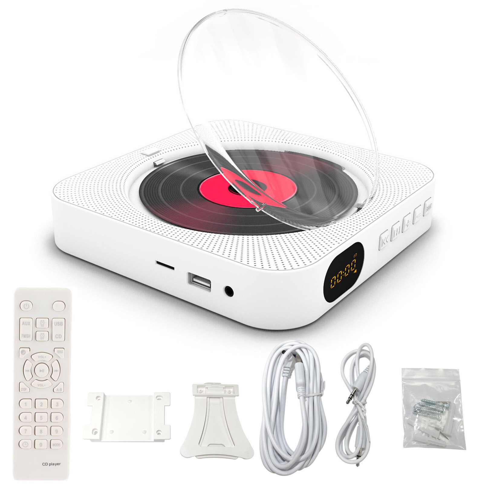 Портативный CD -плеер встроенный в динамик стерео CD -плееры Светодиодный экран настенный CD Music Player с IR пульт дистанционного управления поддерживает CD/BT/FM/TF CARD/AUX