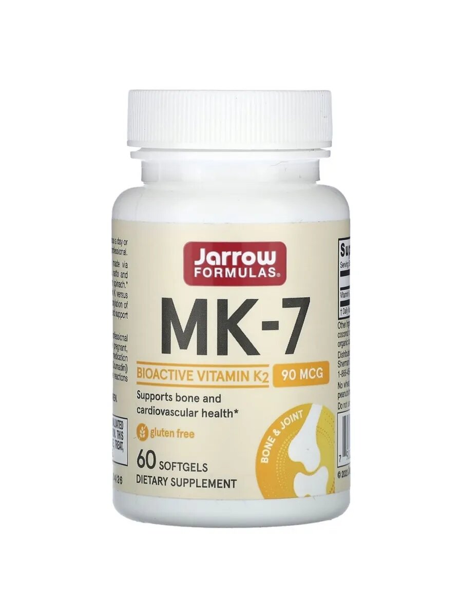 Jarrow Formulas MK-7, Витамин К2, MK-7, 90 mcg, здоровье костей и сердечно-сосудистой системы 60 капсул