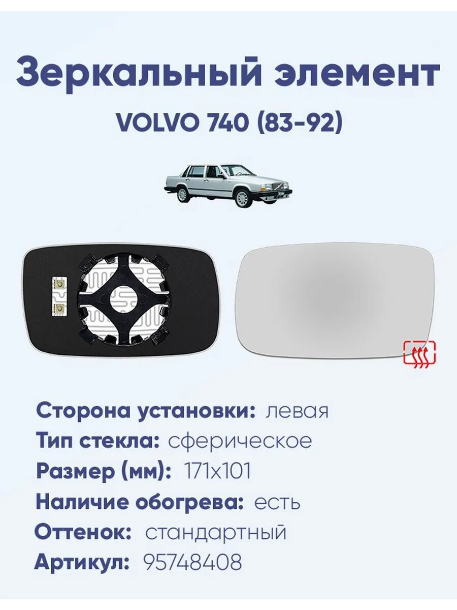 Зеркальный элемент левый VOLVO 740 (83-92) сфера нейтральный с обогревом