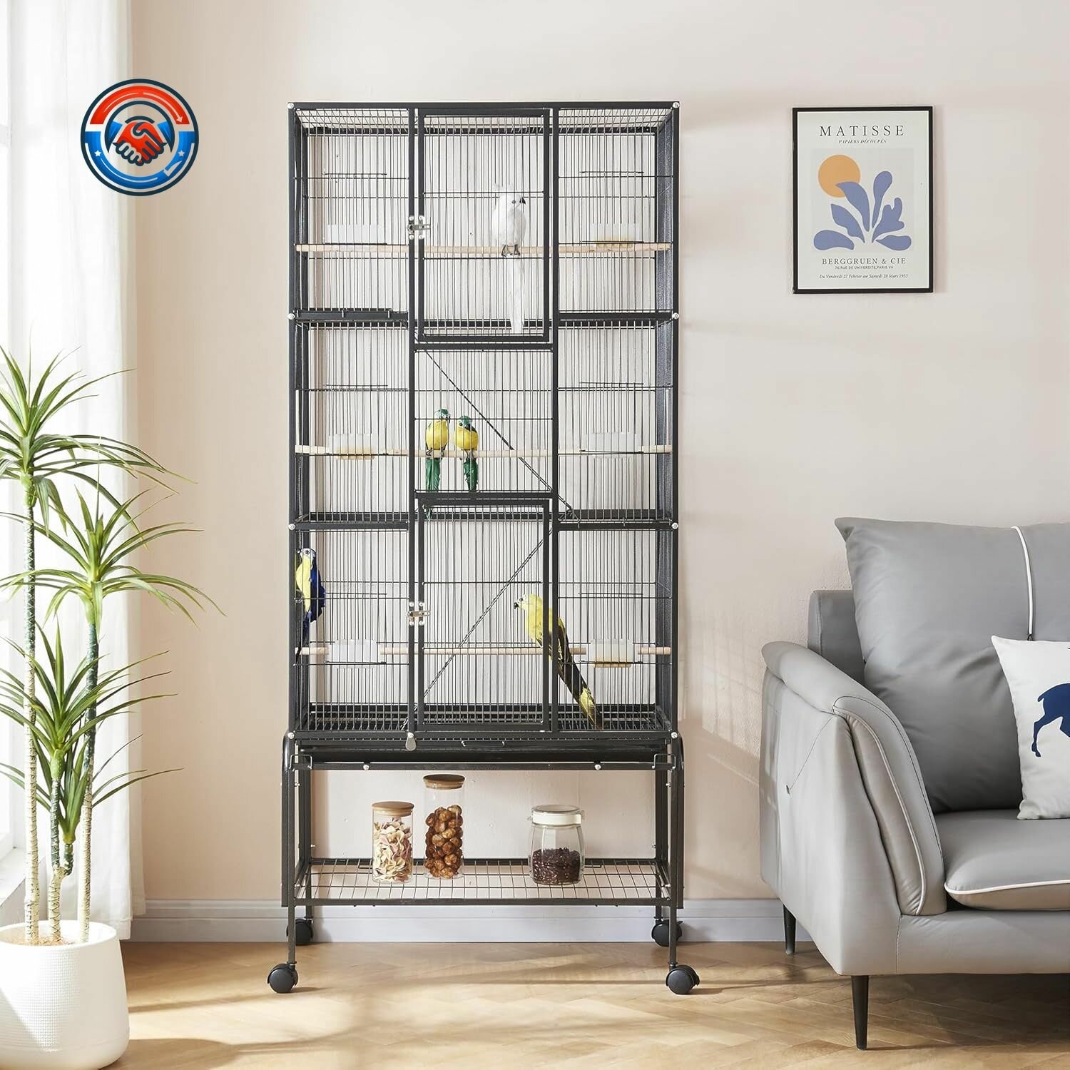 Просторная домашняя вольер-клетка для попугаев с колёсами и кормушками, большая птичья вилла для разведения и содержания пернатых, удобная передвижная конструкция с двойными дверями и выдвижными ящиками