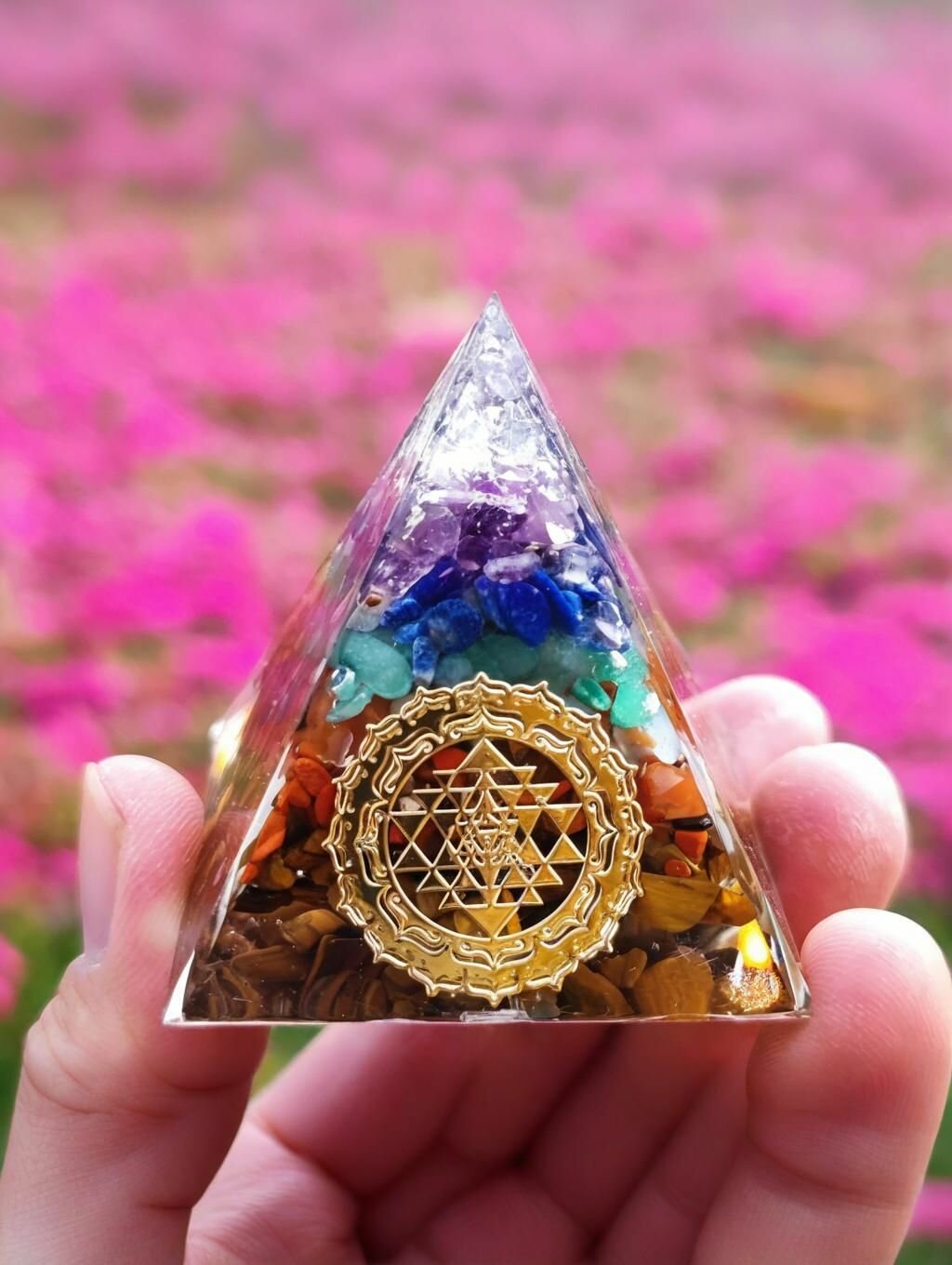 Пирамида оргонит 7 чакр — энергетическая лечебная пирамида с прозрачным кварцем и набором кристаллов для чакр и дома