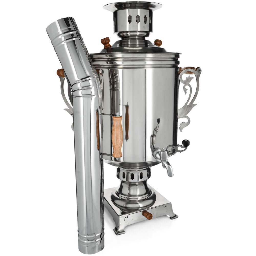 Буфетный самовар на дровах 35 литров формы «Банка» с трубой, нержавеющая сталь, серебристый