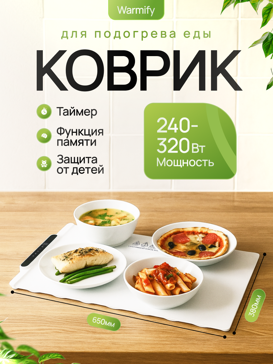 Коврик для подогрева Warmify, молочный, 65 см х 38 см, регулировка температуры, 320Вт