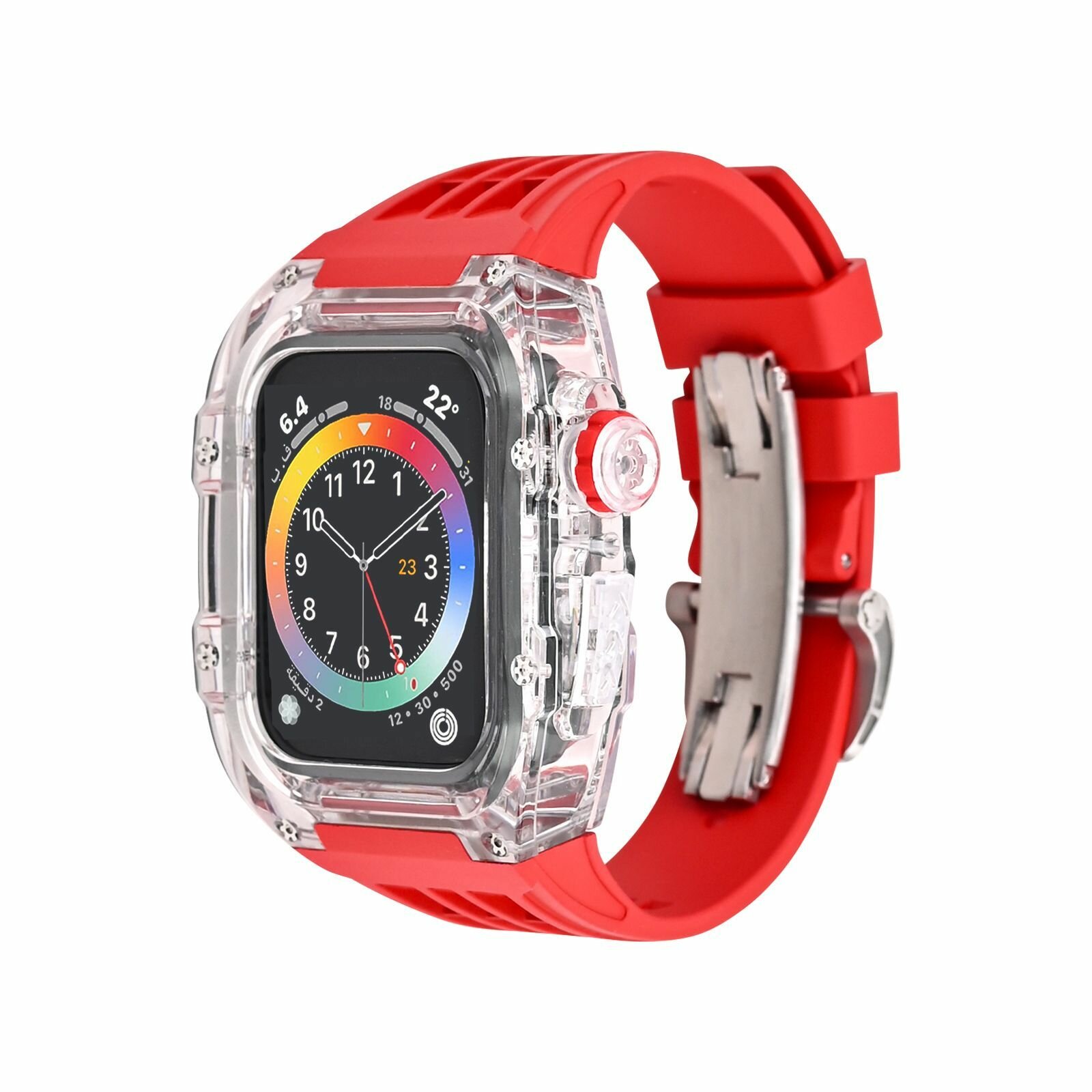 Модифицированный чехол Richard RM для Apple Watch 45/44 мм, Прозрачный корпус и ремешок с пряжкой-бабочкой из фторкаучука для Apple Watch Series 9 8 7 SE 6 5 4, Прозрачный корпус-красный ремешок