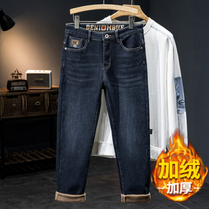 JYL Мужские утеплённые джинсы модные эластичные малые прямые длинные брюки весенне-осенние толстые