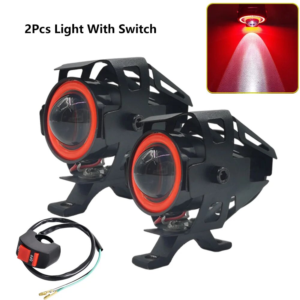 Вспомогательные светодиодные фары «глаза ангела» для мотоцикла, 12 В, мигающие ДХО дальнего действия, дополнительные прожекторы, лампа, противотуманные фары 2 Red With Switch