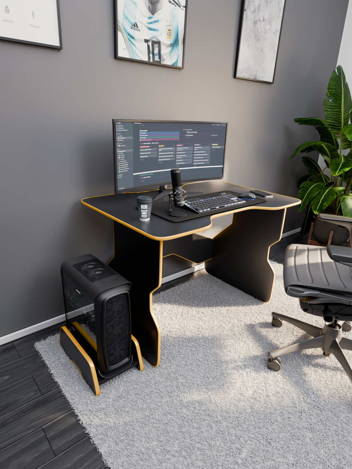 Игровой компьютерный стол для геймера черный с желтой окантовкой 106х73х75