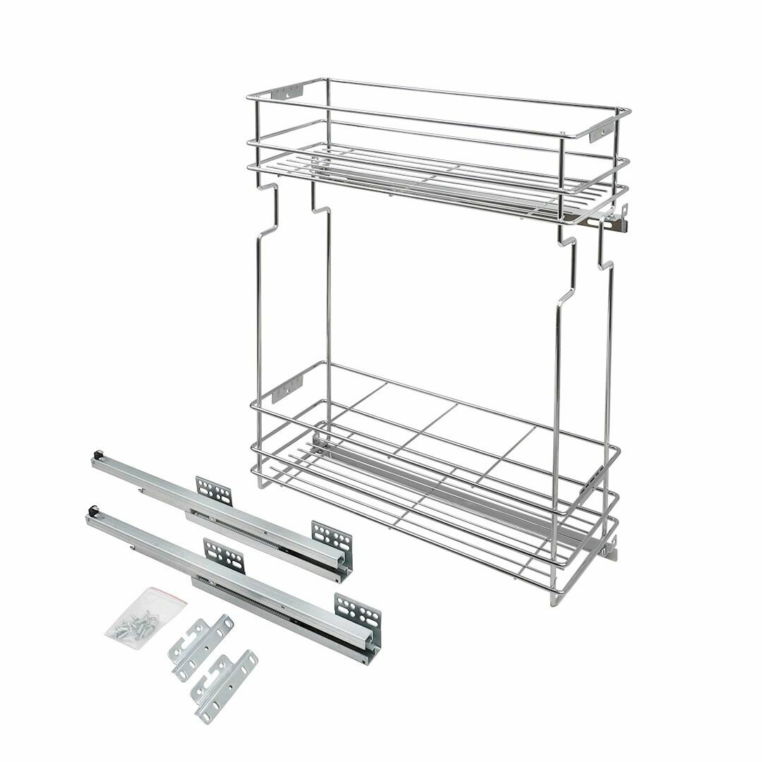 Выкатная корзина бутылочница с доводчиком в базу 200 мм правая, хром