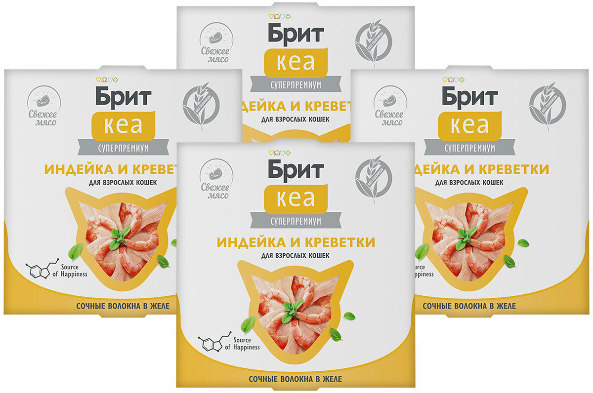 Корм влажный Brit Care для взрослых кошек с индейкой и креветками кусочки в желе, 75 г х 4 шт