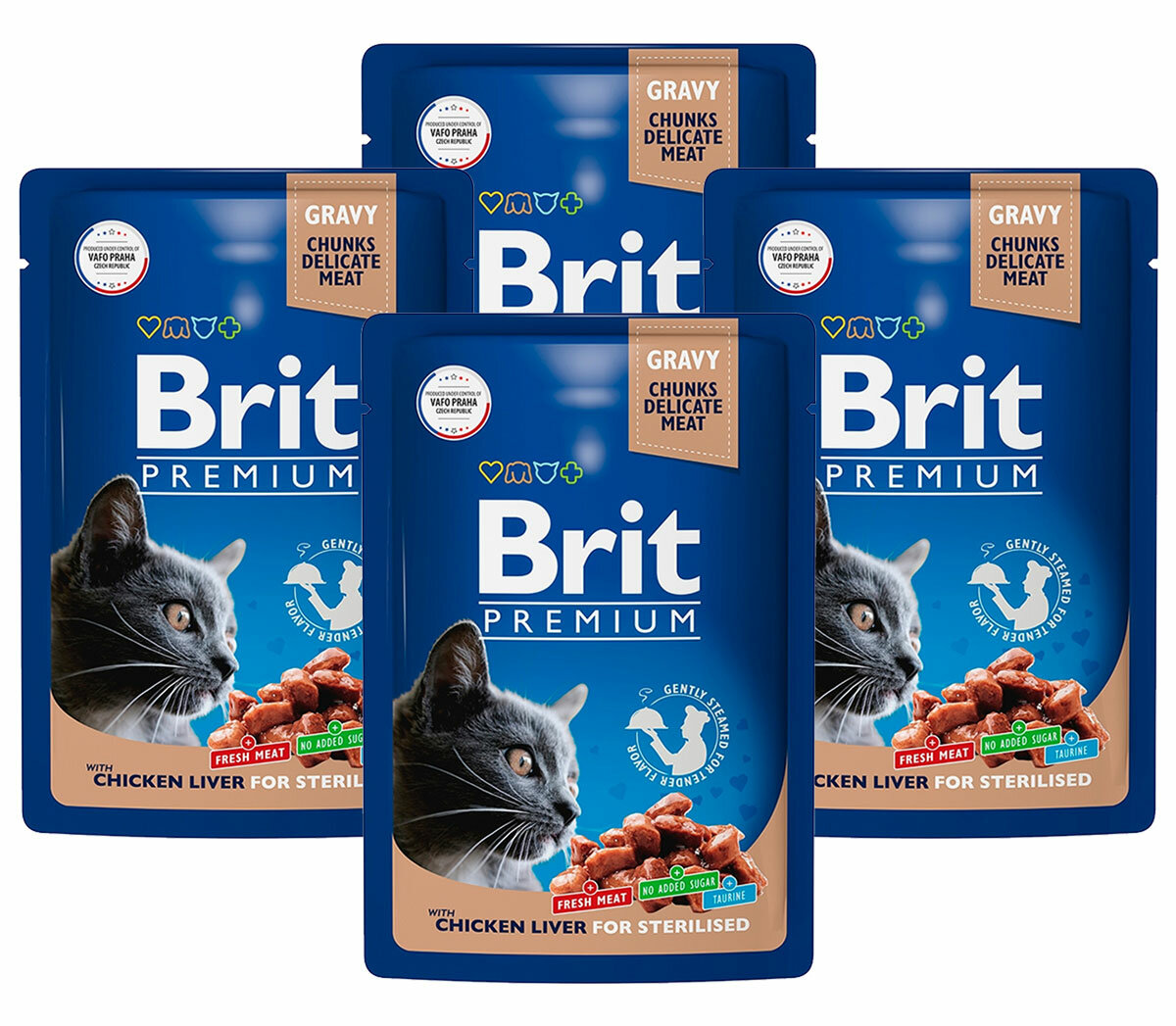 Корм влажный Brit Premium Cat Chicken Liver For Sterilised для взрослых кастрированных котов и стерилизованных кошек с куриной печенью пауч кусочки в соусе, 85 г х 4 шт