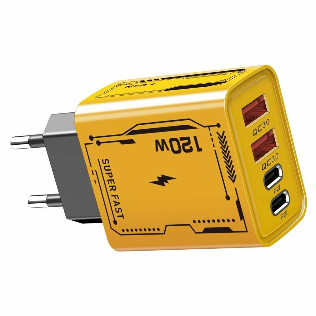 120W Быстрое зарядное устройство Два PD Два USB 4 порта Европейские вилки Быстрая зарядка для нескольких устройств, Желтый