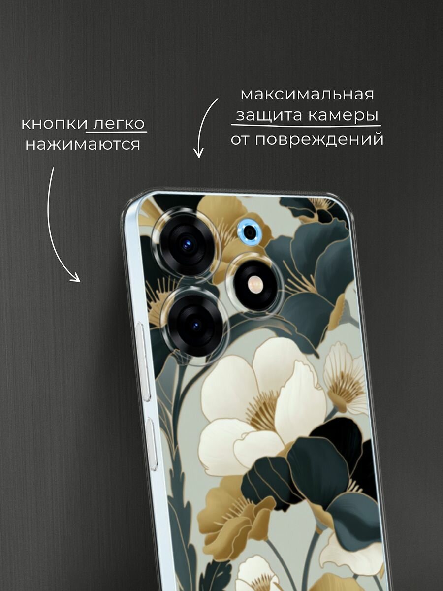 Чехол на Tecno Spark 10 Pro / Текно Спарк 10 Про с принтом Золотые и белые цветы — фото 1