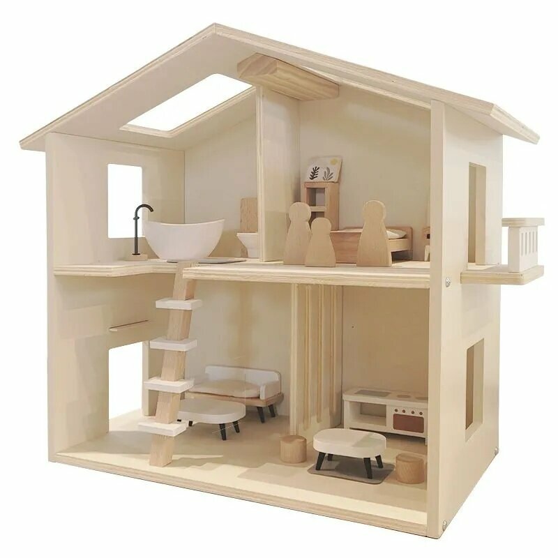 Деревянный кукольный домик для девочек - 4 комнаты, Домик мечты своими руками с 17 шт. мебельных аксессуаров