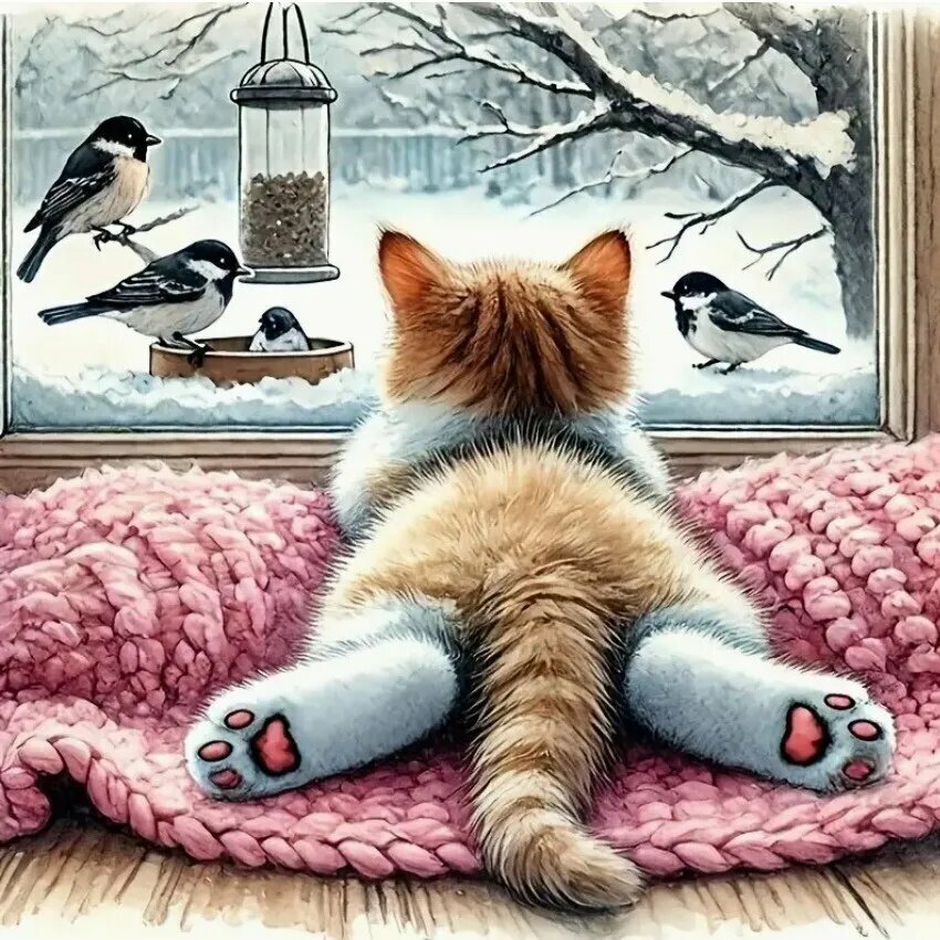 Алмазная картина "Кот у зимнего окна", 30x30 см. Набор для творчества: кошка, снег, птицы.