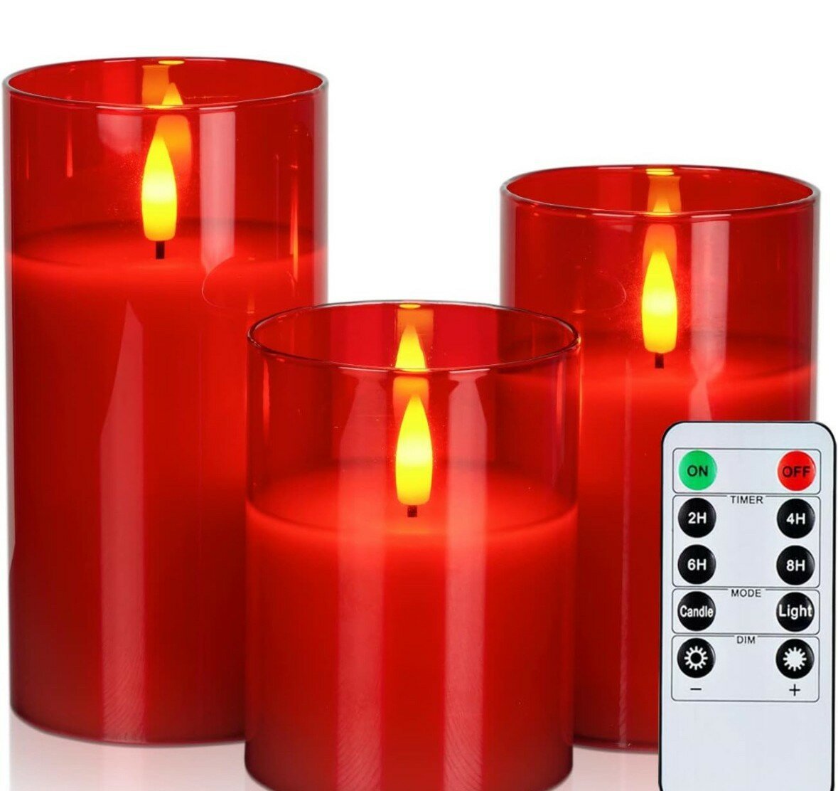 Набор светодиодных свечей, 3 шт, с пультом, высота 15/12.5/10 см (красный)