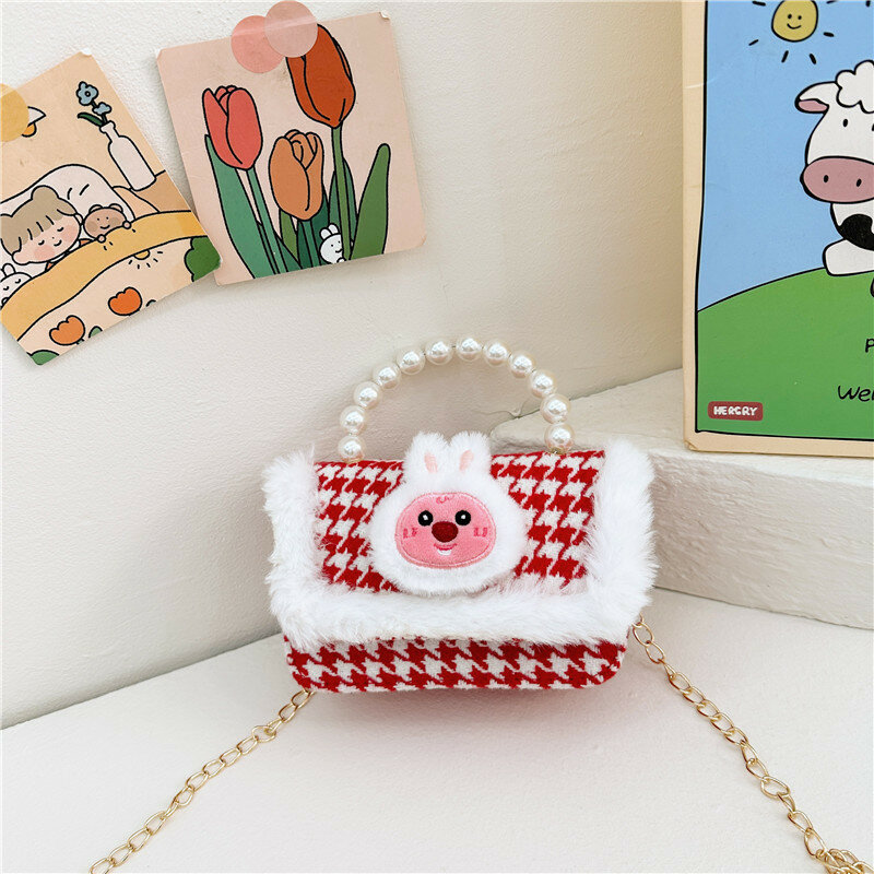 Trendy plush pearl handbag for girls in red with fun cartoon elements perfect for daily activities