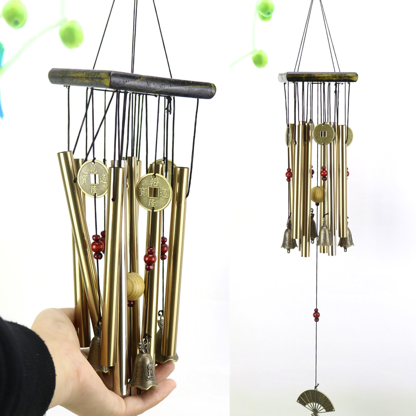 Wind Chime Multi Aluminum Pipe Wooden Decorative Gift for Cabin Home Door Window Platform Golden Tube Fan Shape