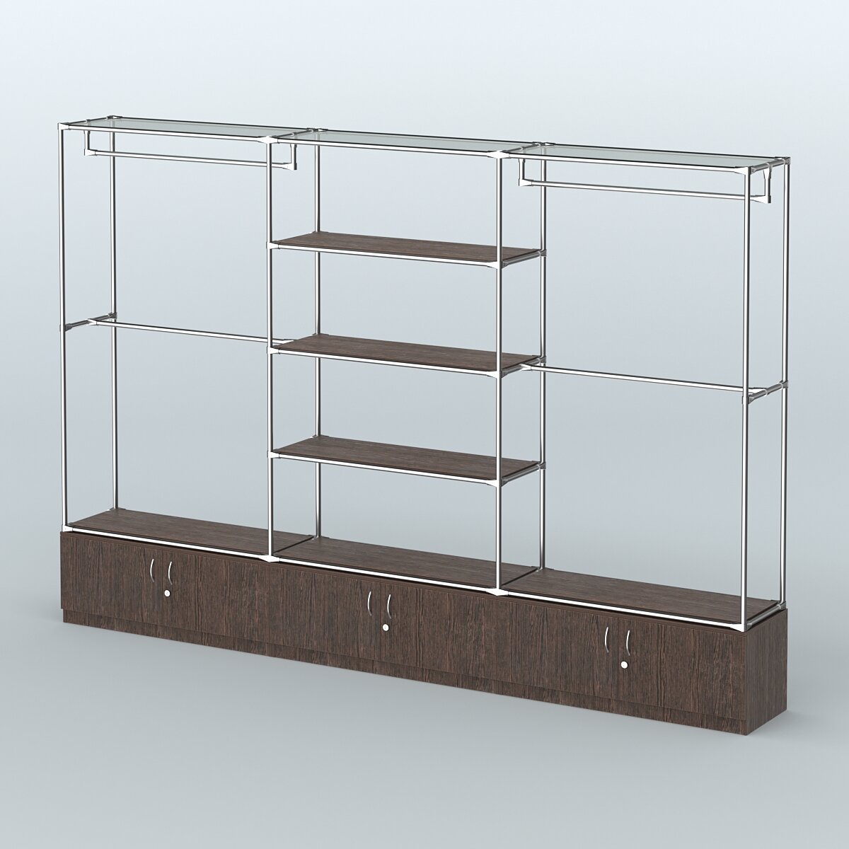 Торговая система хром без ДСП 3600 мм с тумбами Т21, полками ДСП и поручнями №2, Дуб Венге