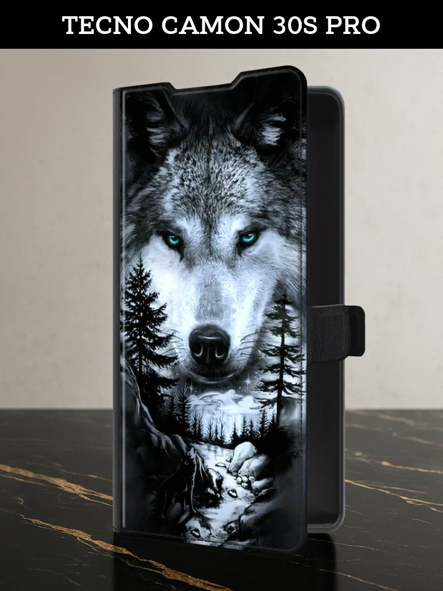 Чехол-книжка на Tecno Camon 30S Pro (Техно Камон 30S Про) с картой и принтом "Волк в зимнем лесу"