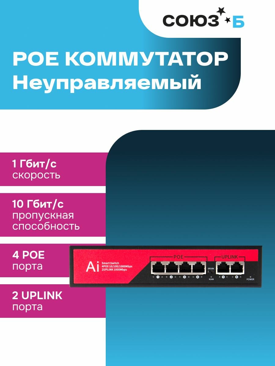 Коммутатор (свитч) 4 POE (1 Гбит/с) порта + 2 Uplink 1 Гбит/с