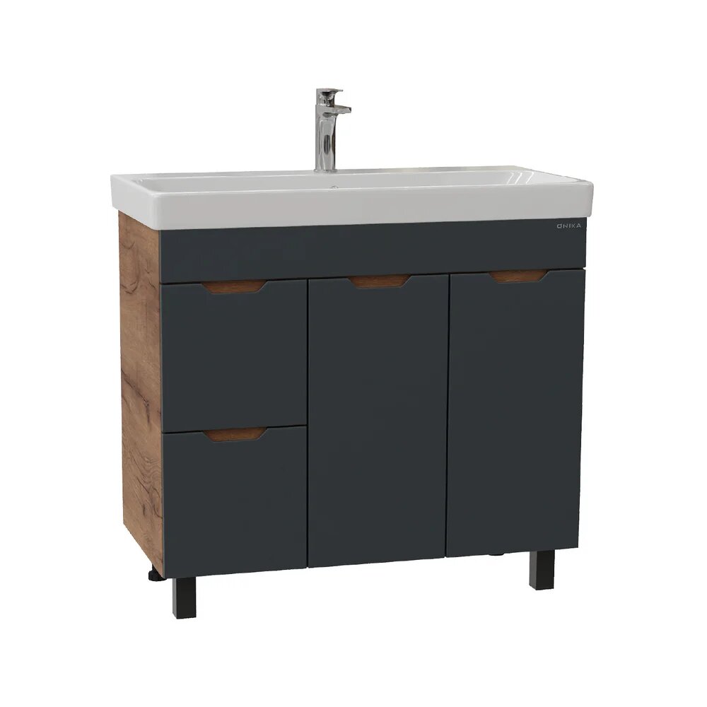 Тумба с раковиной Onika Айленд 90 напольная, 90 см, серая, черная, светлое дерево, матовая, с ящиками, с корзиной, с дверками, раковина для ванной, фарфоровая, прямоугольная, встроенный слив-перелив