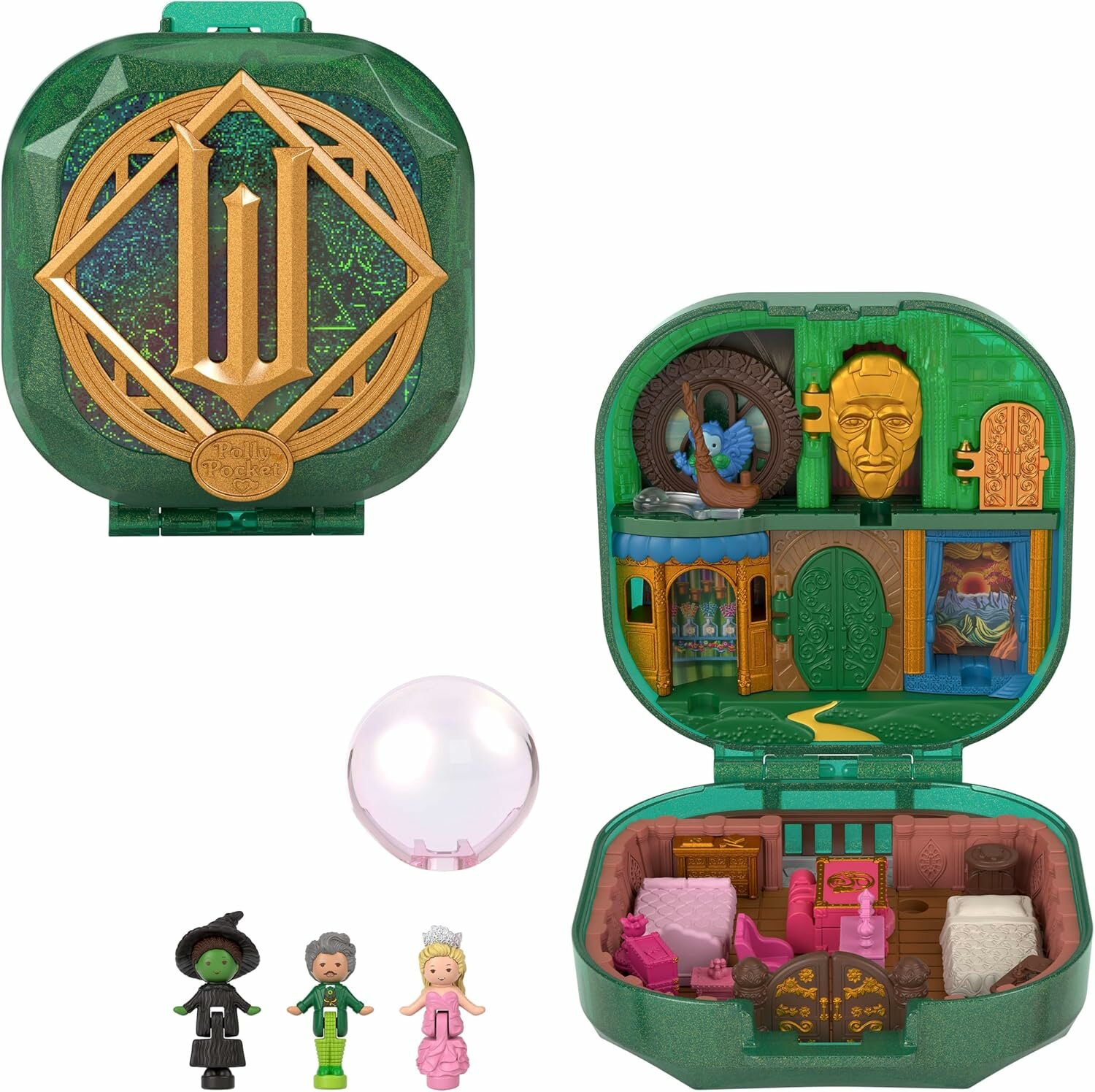 Фигурки Mattel Polly Pocket Wicked - Компактный набор с микрокуклами Глинда, Эльфаба и Волшебник из фильма Злая + тематические аксессуары - Полли Покет JFV04
