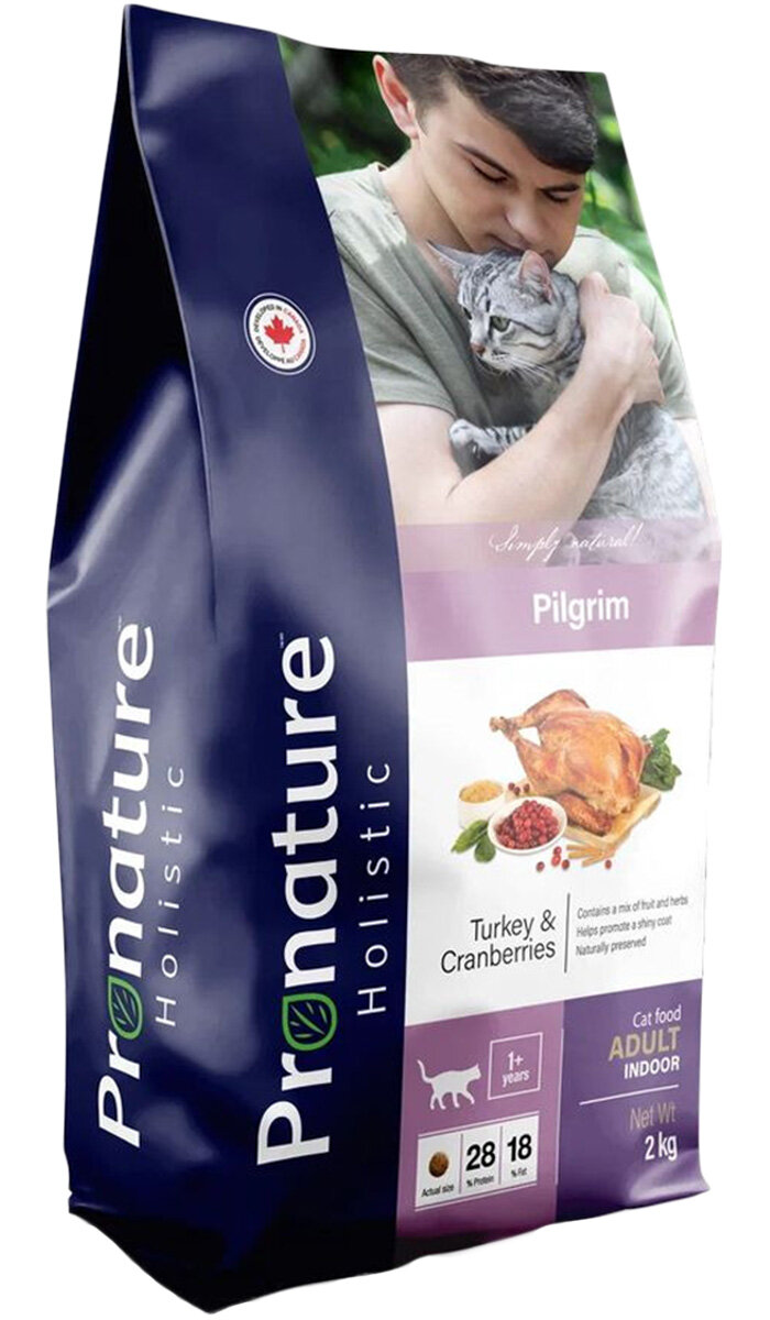 Корм сухой Pronature Holistic Pilgrim Indoor для взрослых кошек живущих дома, индейка и клюква, 2 кг