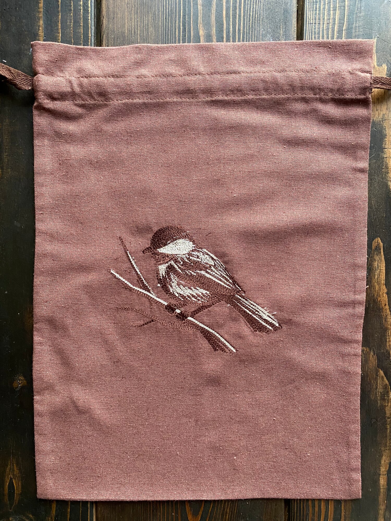 Мешочек для хранения птица, шоколад, "Студия Ателье", лен, вышивка, на завязках, 30х37 см