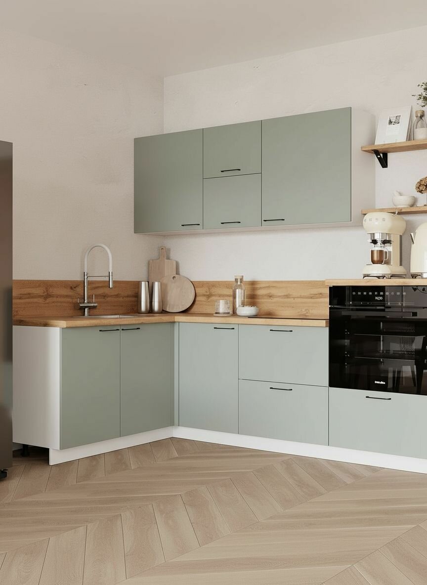 ARNIKA Кухонный гарнитур со столешницей "Дакия" угловой 1,5м*2,25м (без пм) цвет олива (зеленый), фасад Эмаль