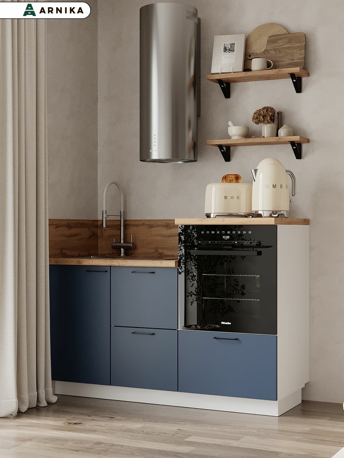 ARNIKA Кухонный гарнитур со столешницей "Дакия" 1,5м х 2,4м, цвет ежевика (синий), фасад пленка ПВХ