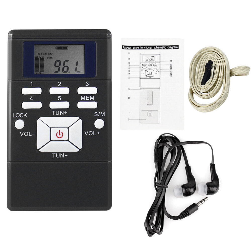 Мини портативный DSP стерео FM радио цифровой часы приемник для совещаний синхронный интерпретация клип-он радио с наушниками люстру 1.2, серый, черный, 60-108MHz, 1.2" экран, 5 предустановленных станций, 3.5мм разъем, 2xAAA батарейки, вес 39г, размер
