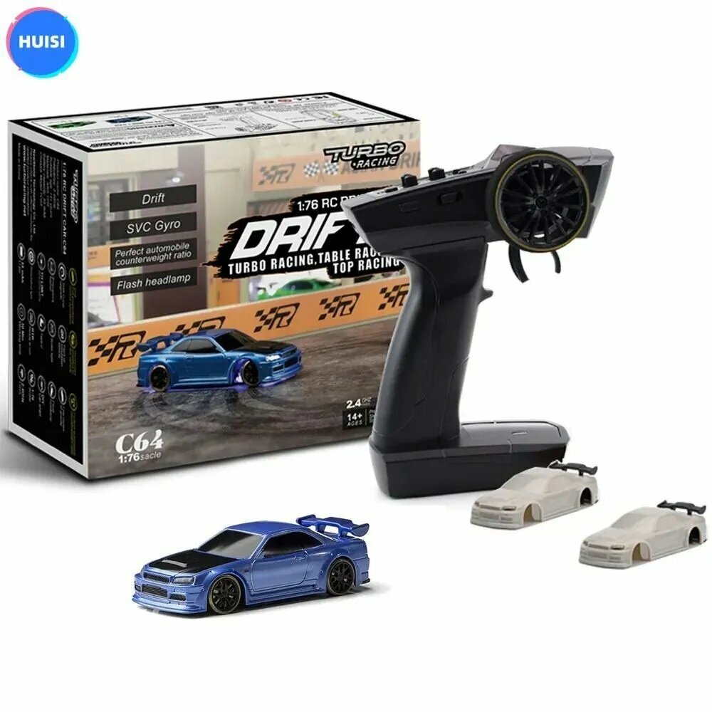 Миниатюрная модель радиоуправляемой машины - Turbo Racing 1:76 масштаба, дрифт-кар на радиоуправлении - настольная игрушка для взрослых (C64 синий)