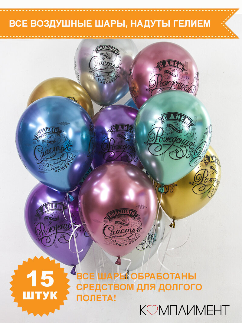Воздушные шары с гелием, хромированные, для Дня Рождения, ассорти, 15 шт