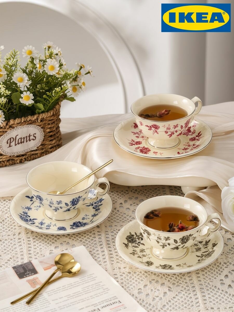 Кофейная/чайная чашка с блюдцем IKEA "керамический цветок", 16,7x6,6 см, синий, 220 мл