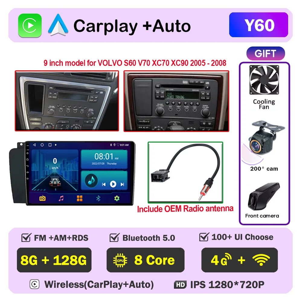 Автомагнитола CarPlay Android Auto для Volvo S60 V70 XC70 XC90 2005-2008, 8G+128