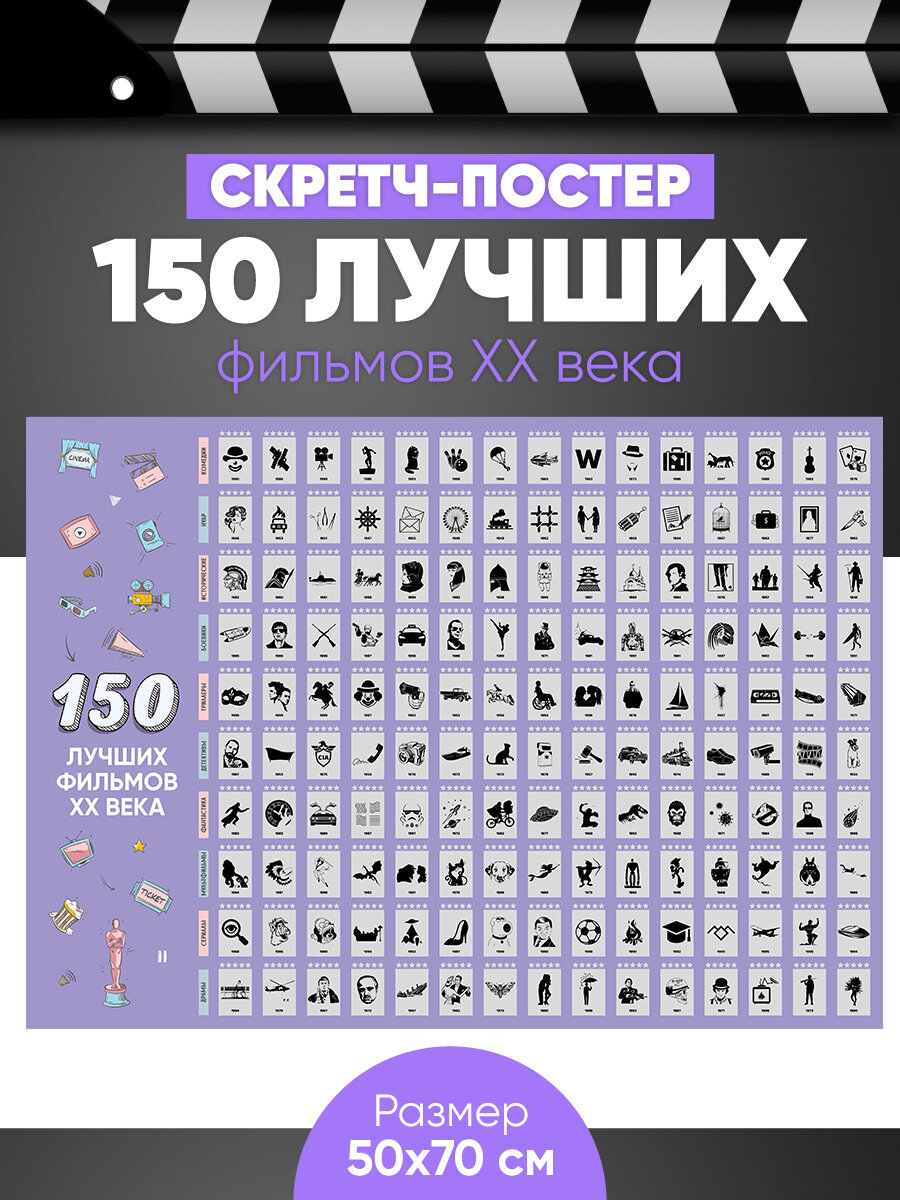 Скретч постер для интерьера 150 лучших фильмов 20 века, на стену