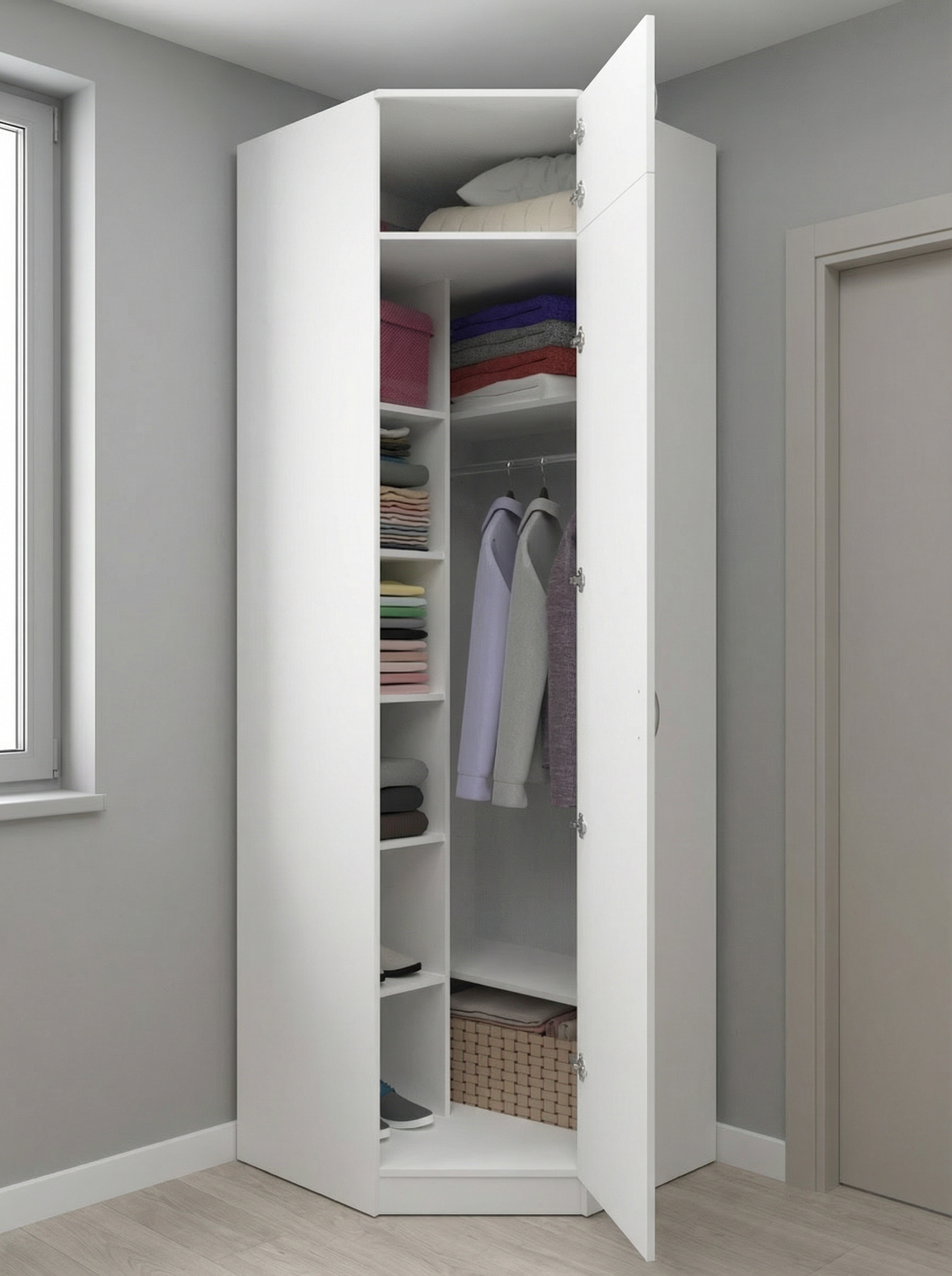 Шкаф угловой распашной Анри-11 с антресолью, 8 полками и штангой для вешалок, белый