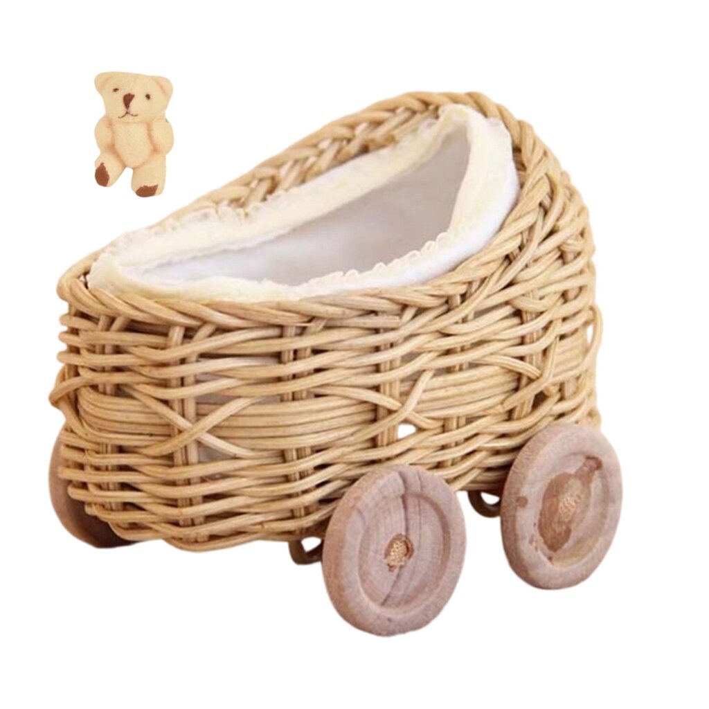 Реалистичная Миниатюрная Детская Коляска из Ротанга и Кукла-Медведь для декора Кукол с Шаровыми Шарнирами