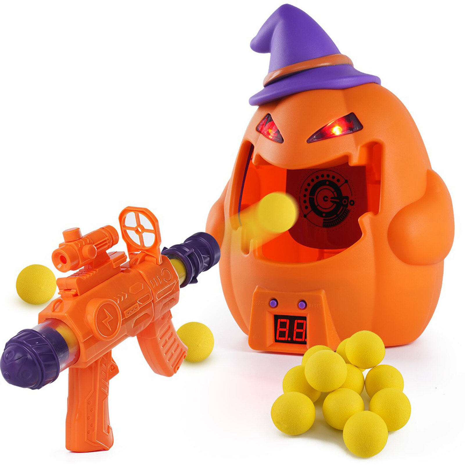 Halloween Pumpkin Toy Halloween Toys Shooting Game Toys for Children, Orange, ABS, 18*15*25cm, Package Size 19.5*18.5*24.5cm, Package Weight 680g, 3* AA Battery(not Included), Gift Box Packaging, 1* Halloween Pumpkin Toy, 1* Shooting Toy, 1* Some Balls