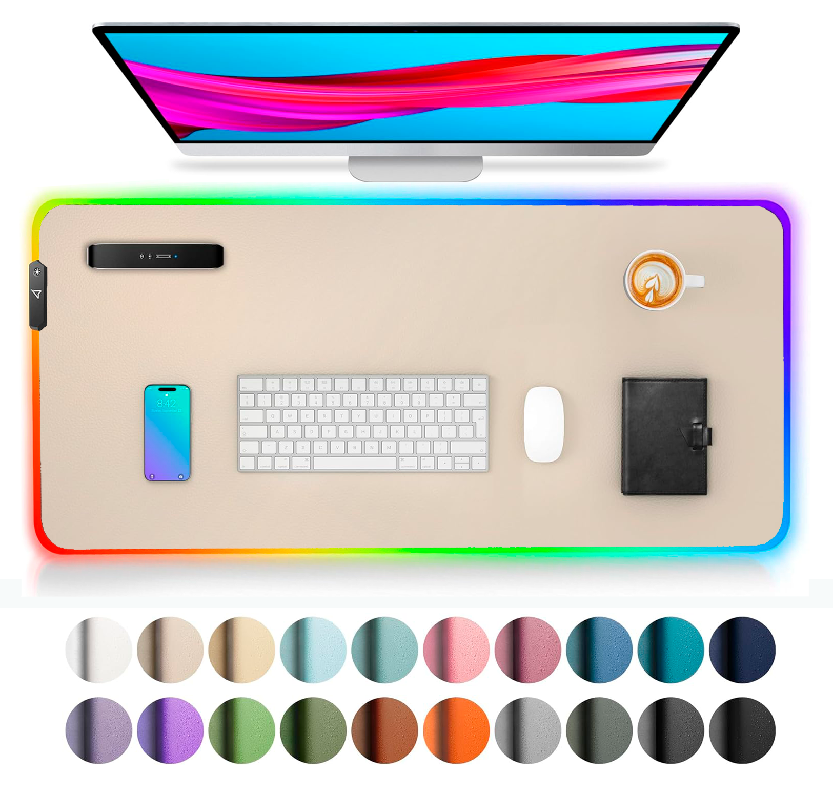Коврик для мыши и клавиатуры с RGB подсветкой 40 см х 80 см , защитный, большой, водонепроницаемый, кожаный, бежевый