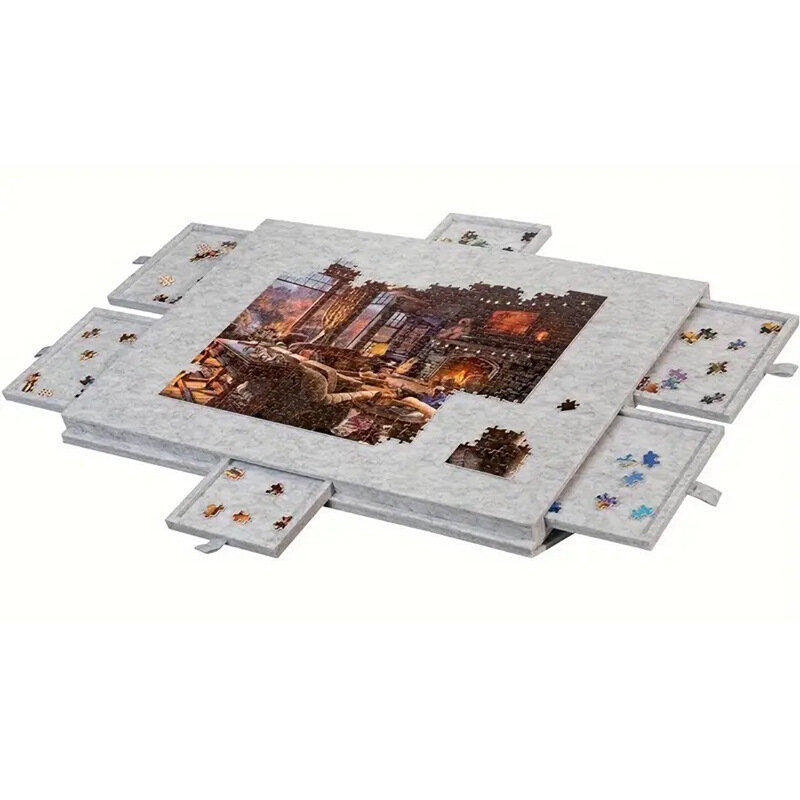 Коврик-стол для пазлов с ящиками, Стол коврик для сборки пазлов，Серебристо-серый