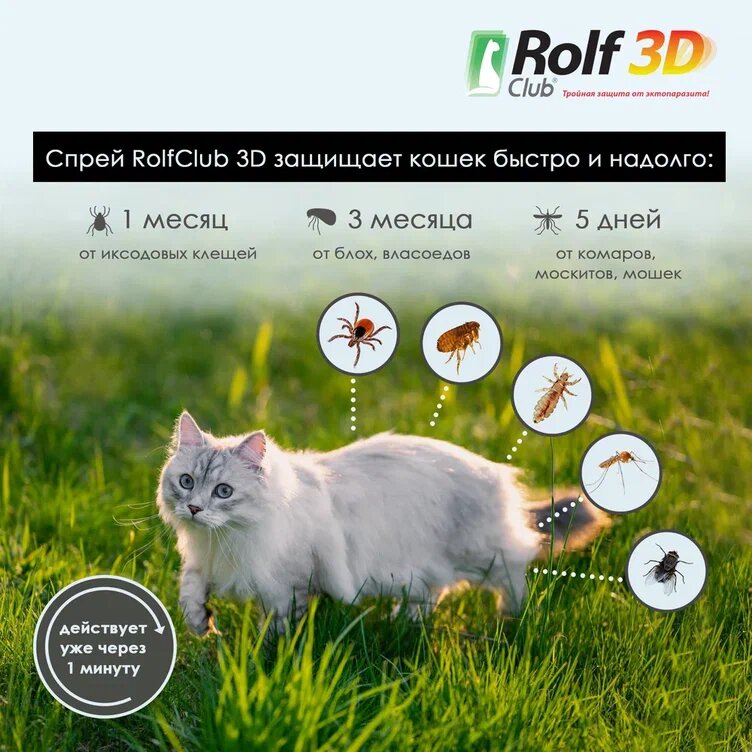 Спрей от клещей, блох, комаров RolfClub 3D для кошек. 200 мл — фото 1