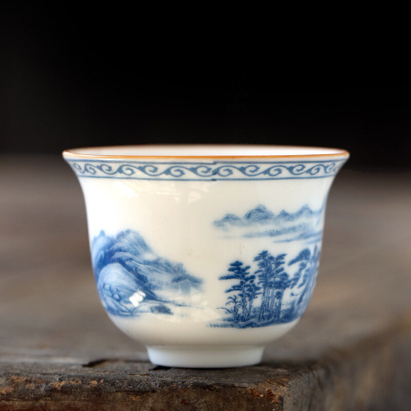 Чашка для чая из сладкого белого фарфора с сине-белым пейзажем, 55 мл, традиционный чайный инструмент для гонфу