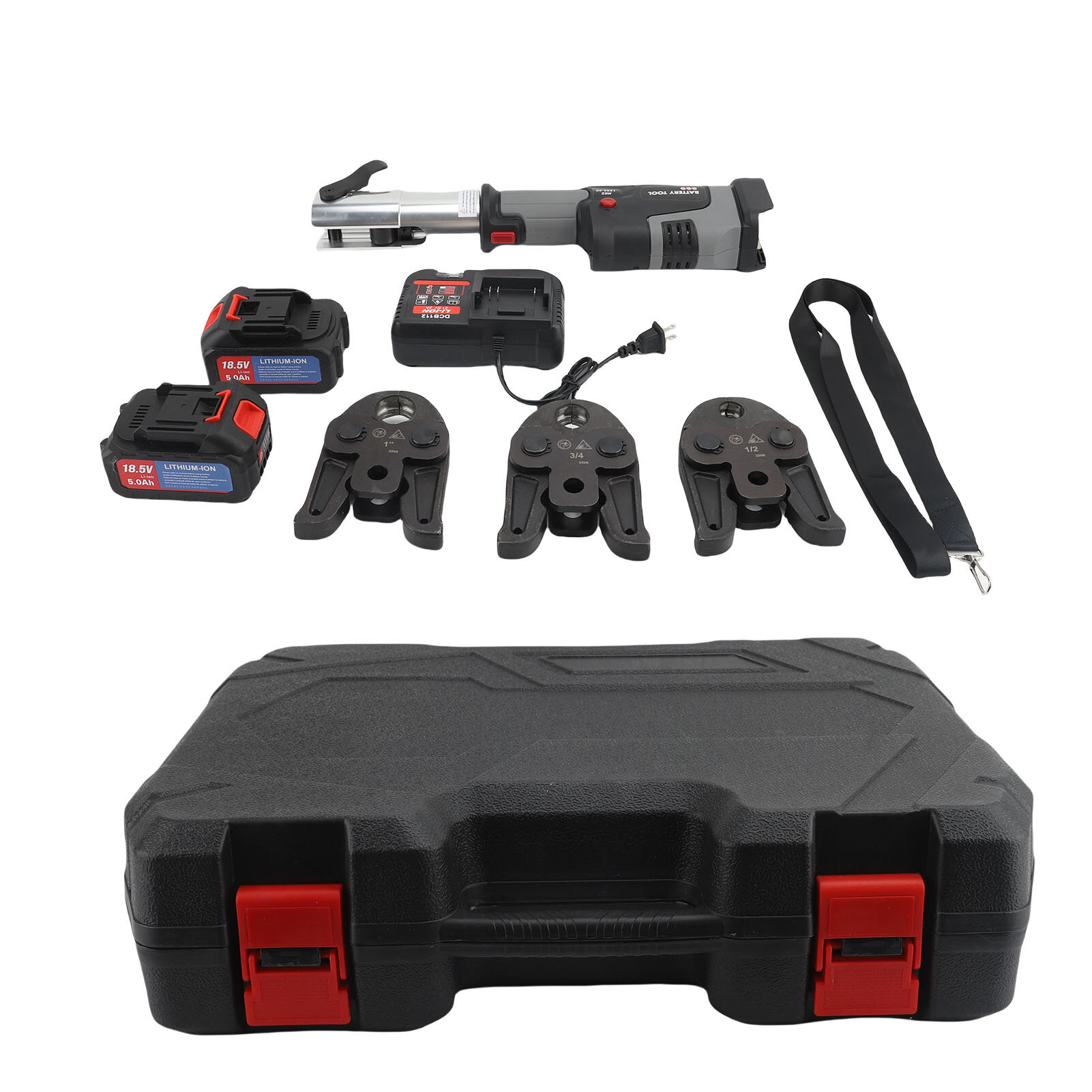 Аккумуляторный обжимной инструмент с бесщеточным электрическим аккумулятором и кейсом для хранения.