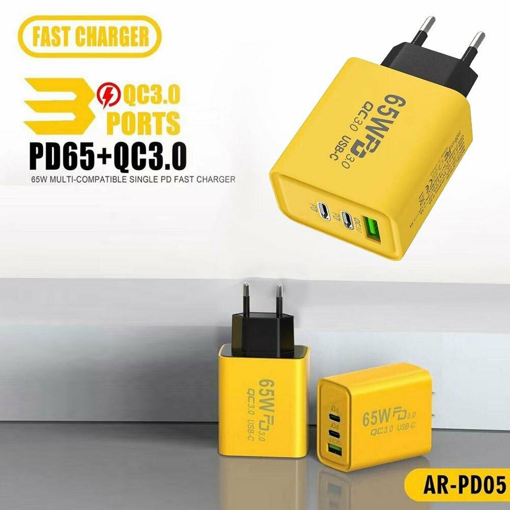EU PD 65W Зарядное устройство для быстрой зарядки смартфона, двойной тип C + один USB