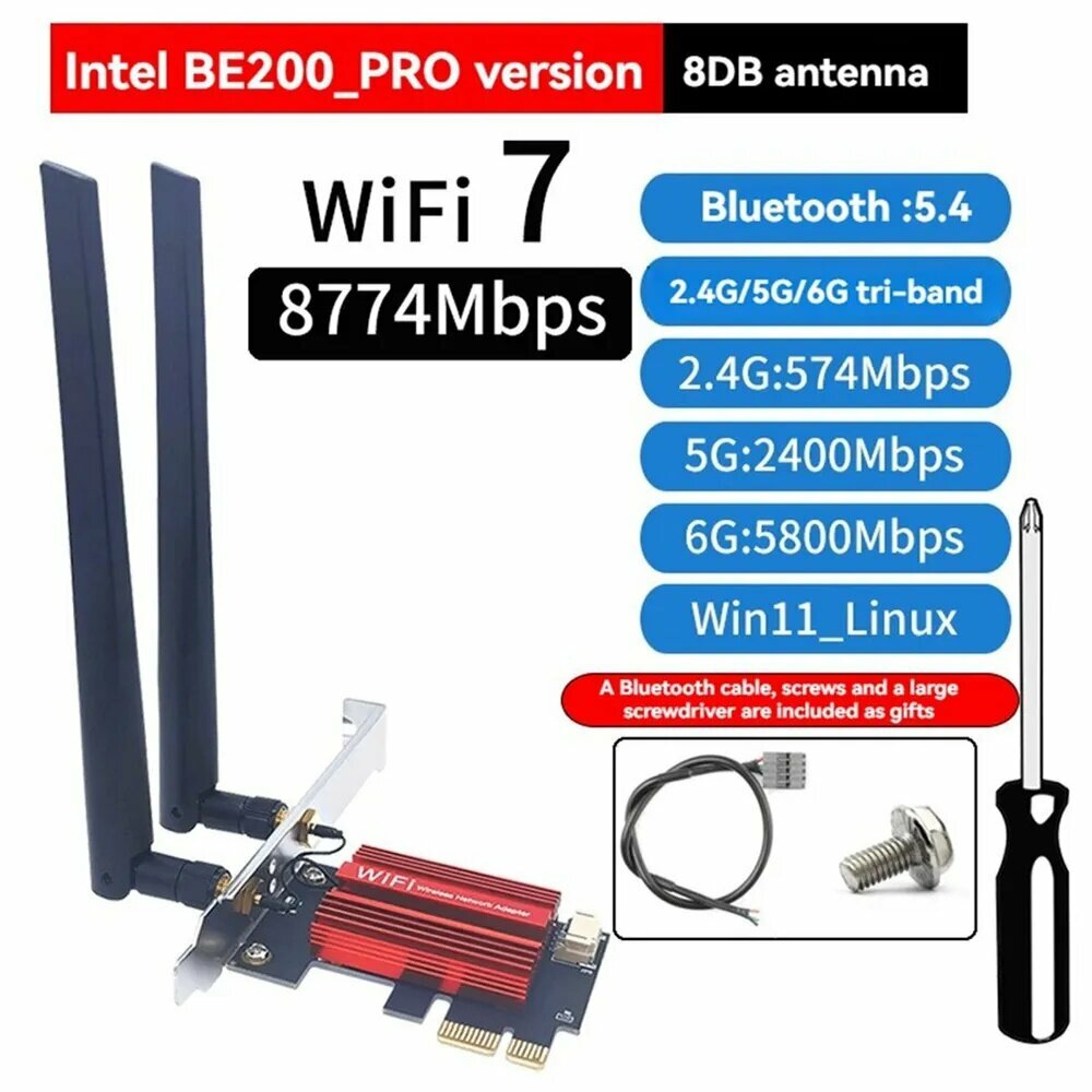 Комплект Адаптера WiFi 7 BE200 PCI-E, Трехдиапазонный, 2,4 ГГц/5 ГГц/6 ГГц, 8874 Мбит/С для Win11/10