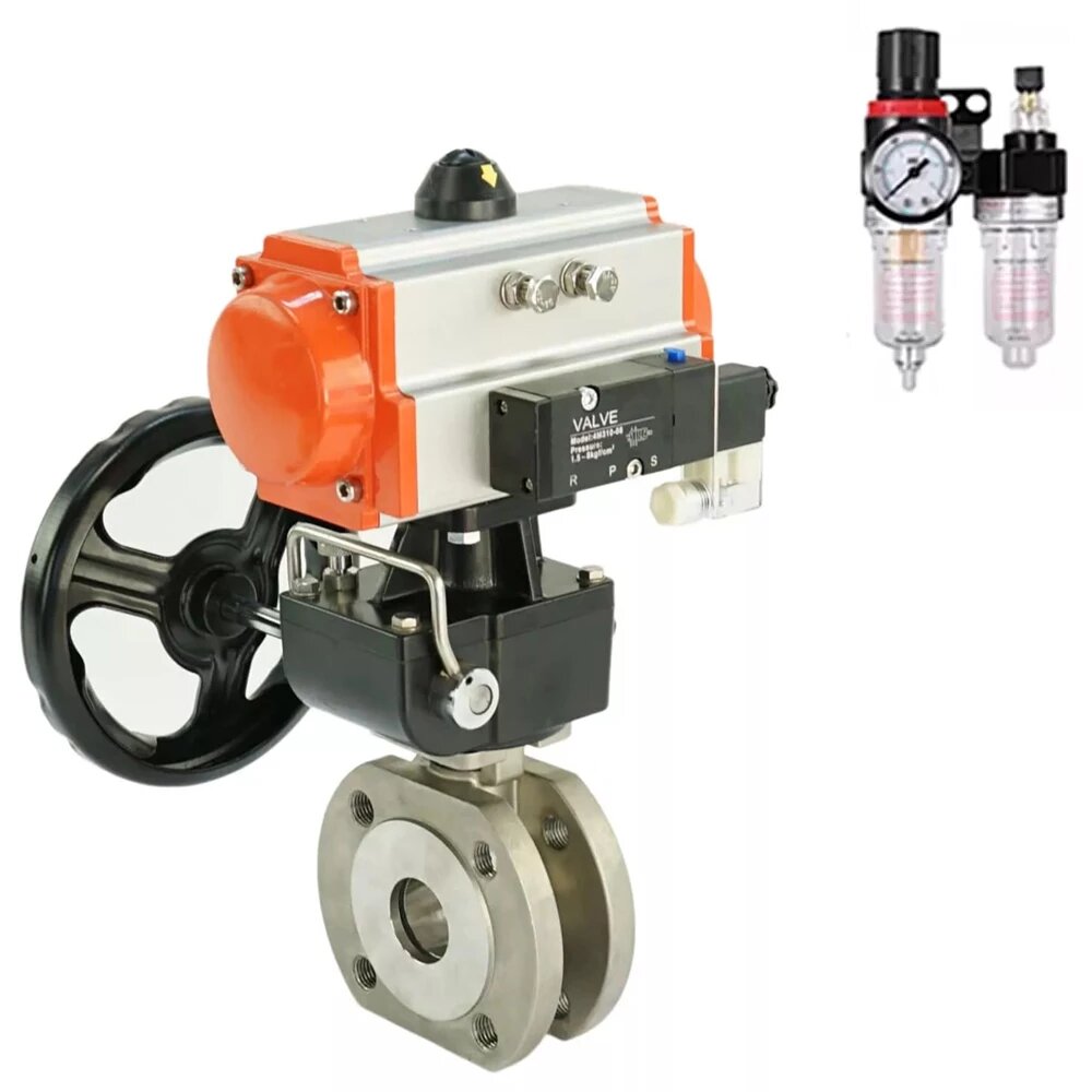 Кран шаровой DN.ru КШмФП.316.200 Ду40 Ру16, межфланцевый, полнопроходной, нержавеющая сталь 316, уплотнение - PTFE, с пневмоприводом DA-065 двойного действия, пневмораспределителем PND1-S2EM-52-2-T10-220VAC, с ручным дублером HDM-1, с БПВ APU1-10-40-V08