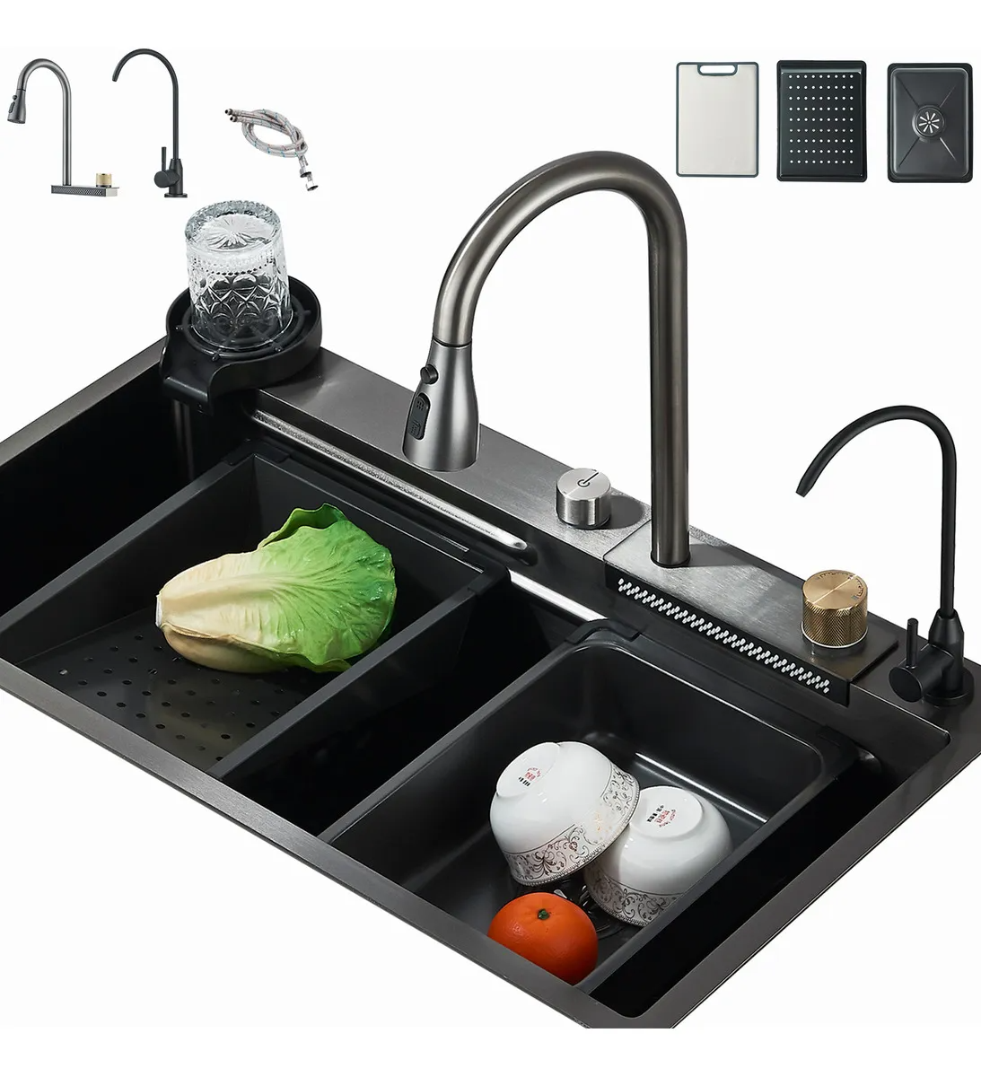 Нержавеющая сталь Кухонная раковина, с краном дождевика, функция дренажа, 75X45cm, пистолет серый