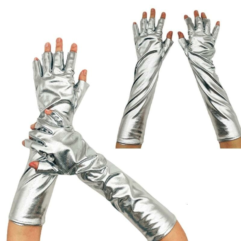 Перчатки для косплея из лакированной кожи с искусственным покрытием из яркой кожи-серебристый